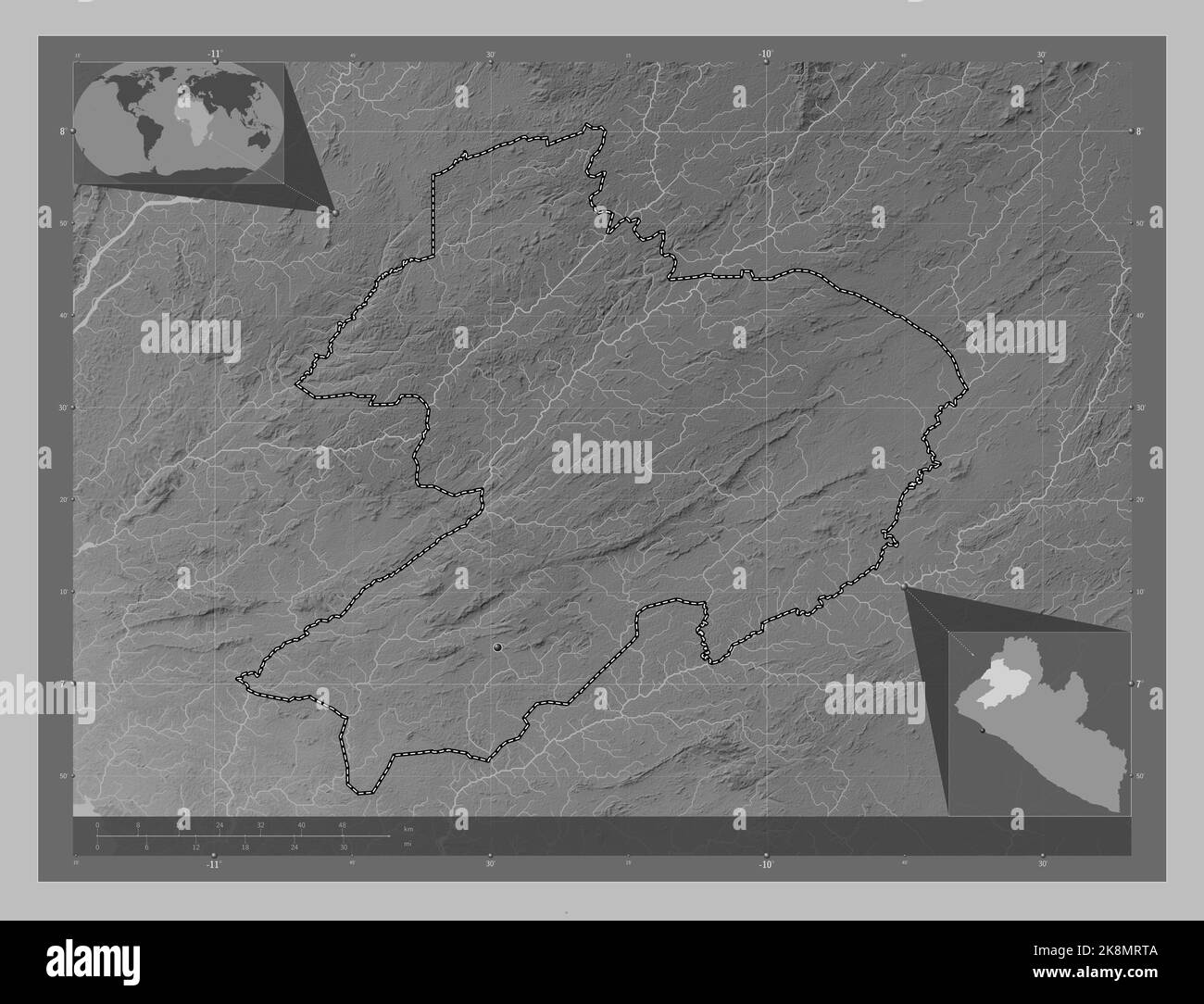 Gbapolu, county of Liberia. Grayscale elevation map with lakes and ...