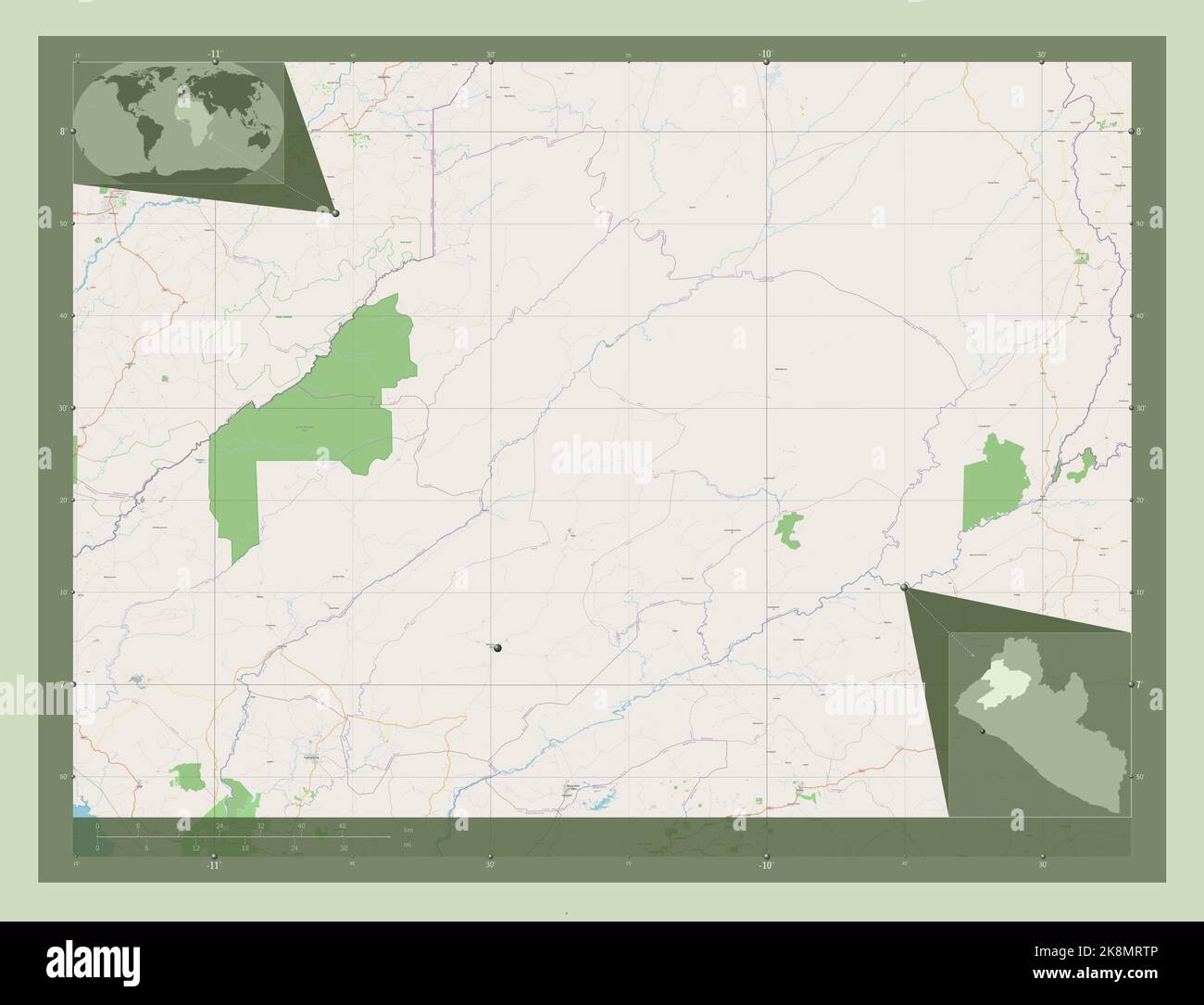 Gbapolu, county of Liberia. Open Street Map. Locations of major cities ...
