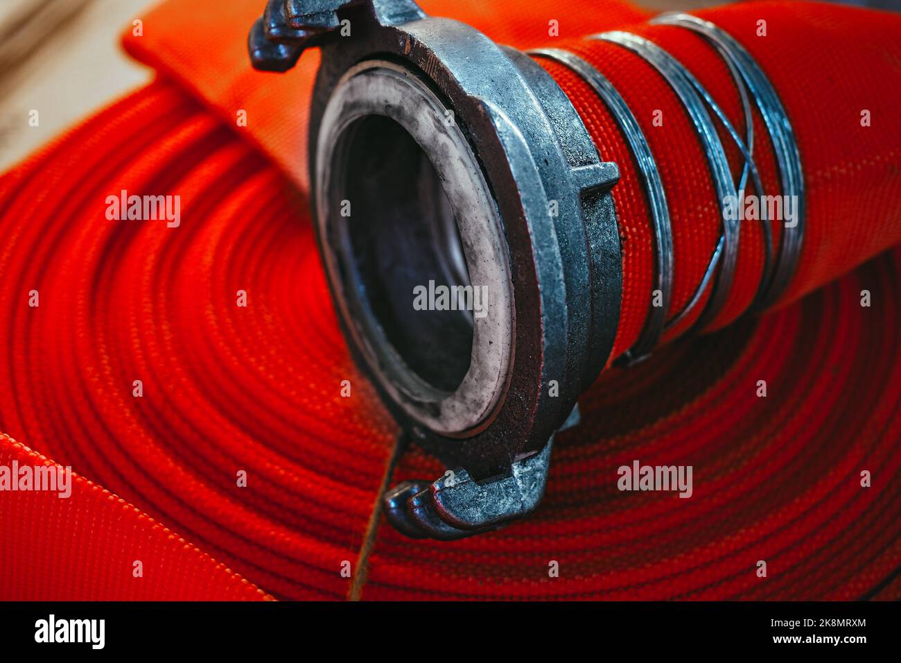 Red fire hose close-up. Abstract background or splash screen Stock ...