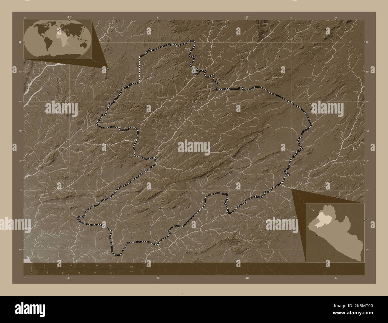 Gbapolu, county of Liberia. Elevation map colored in sepia tones with ...
