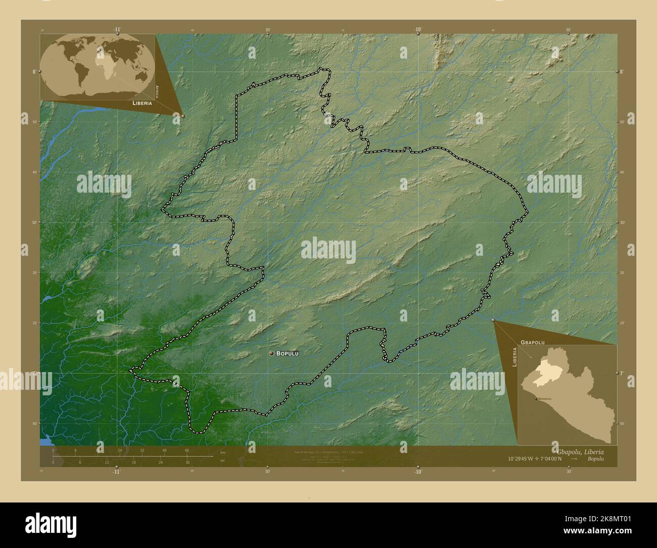 Gbapolu, county of Liberia. Colored elevation map with lakes and rivers ...