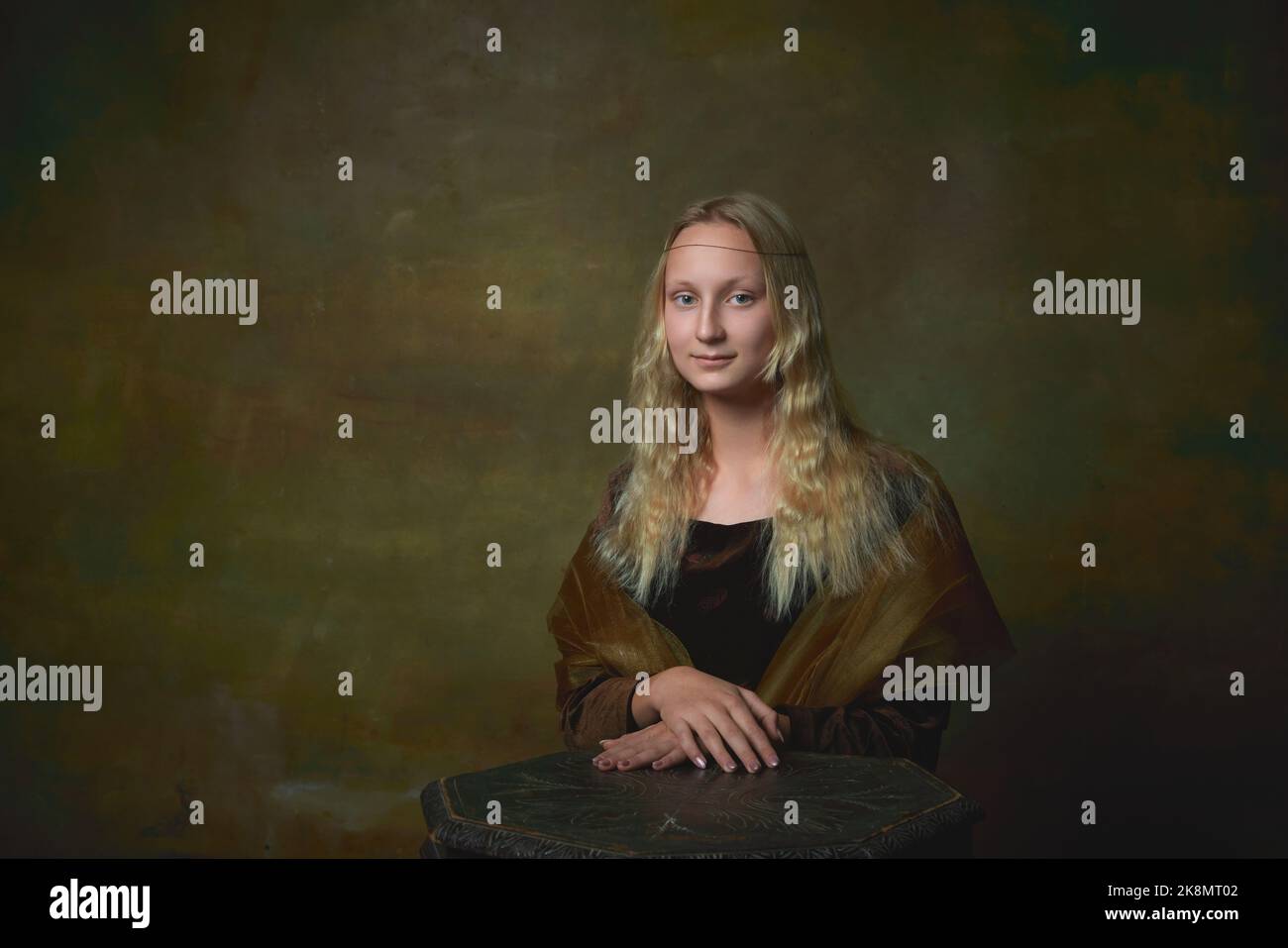 Smile. Portrait of young girl as Mona Lisa picture posing over dark ...