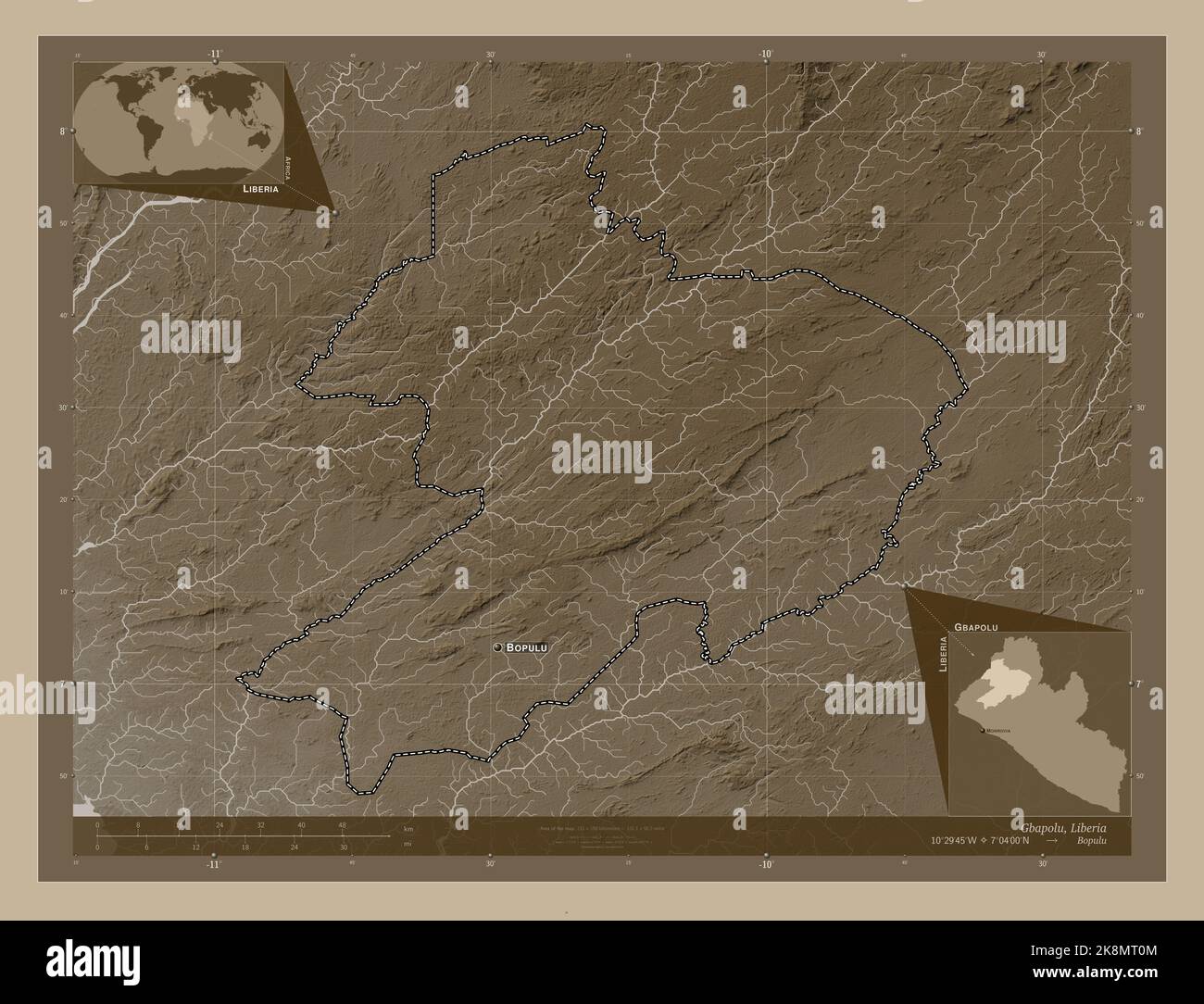 Gbapolu, county of Liberia. Elevation map colored in sepia tones with ...