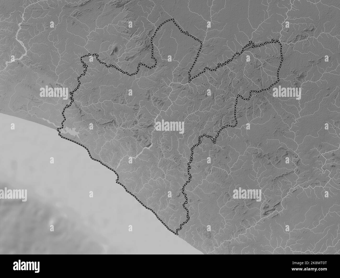 Grand Bassa, county of Liberia. Grayscale elevation map with lakes and ...