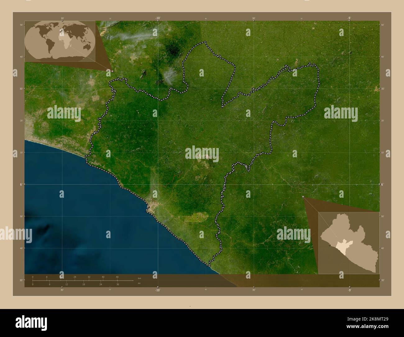Grand Bassa, county of Liberia. Low resolution satellite map. Locations ...