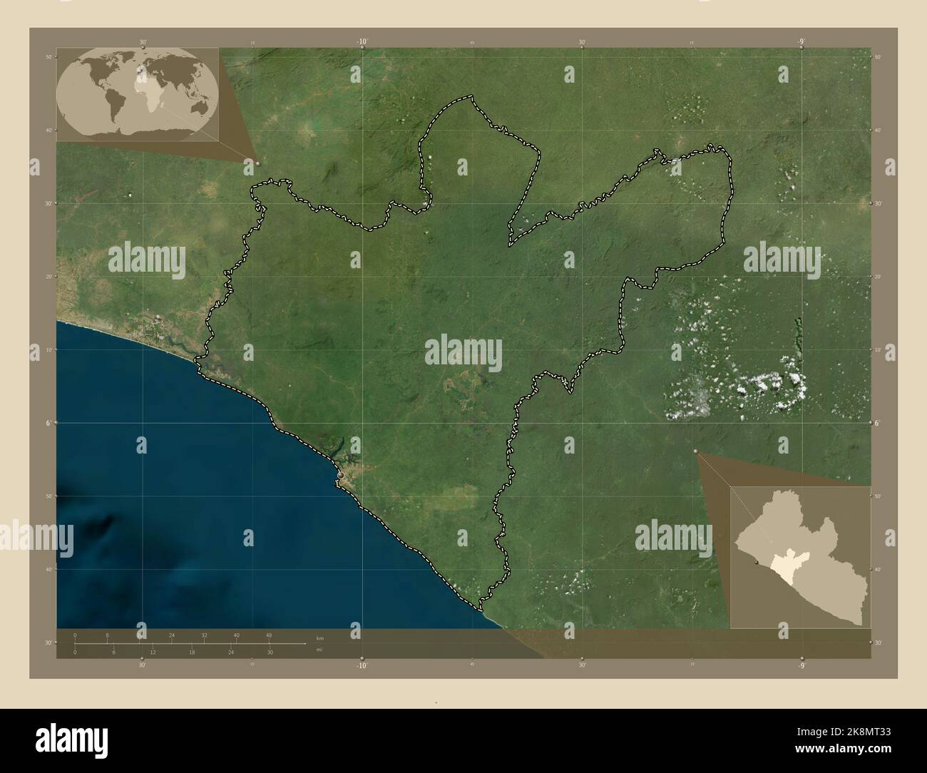 Grand Bassa, county of Liberia. High resolution satellite map ...