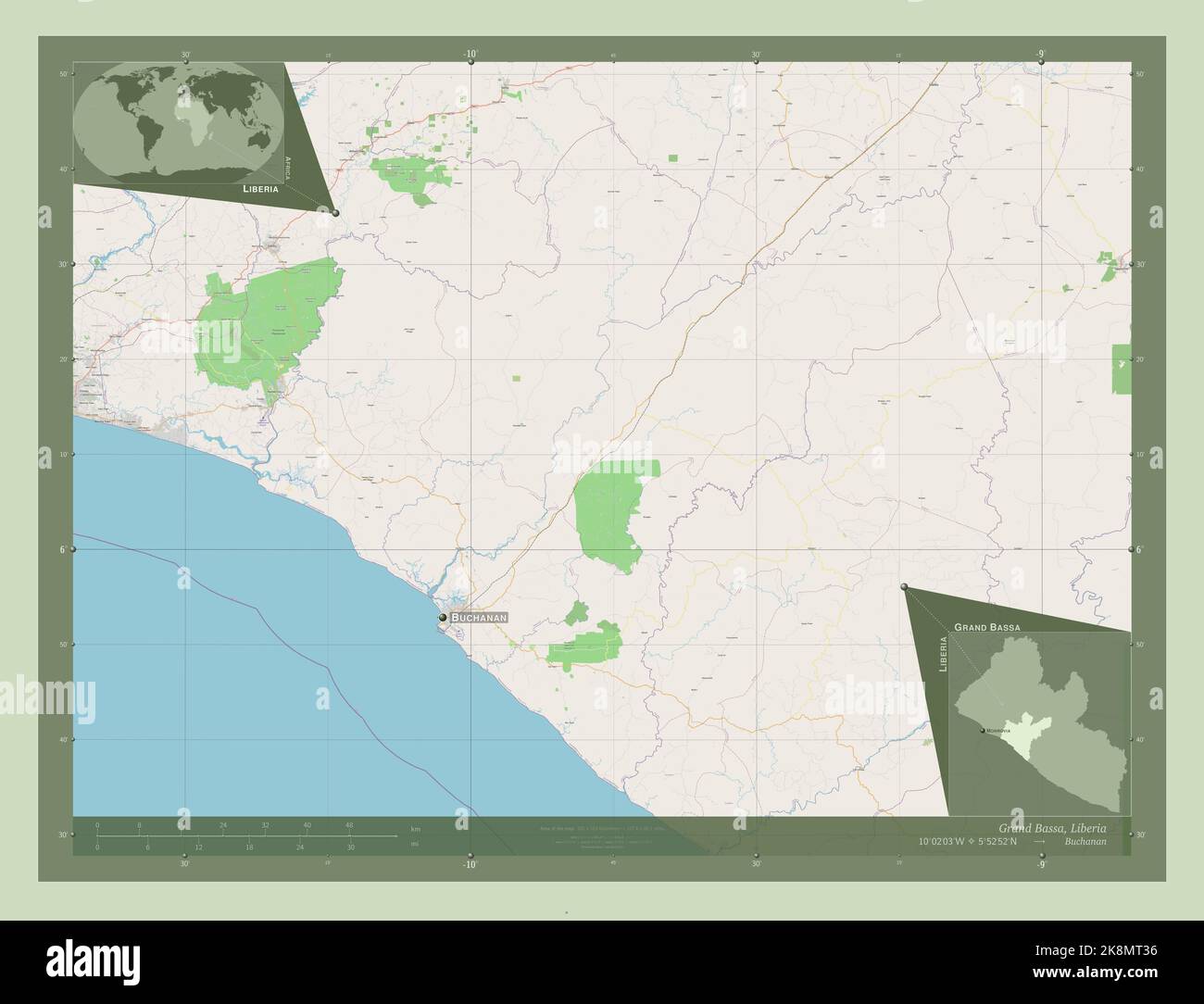 Grand Bassa, county of Liberia. Open Street Map. Locations and names of ...