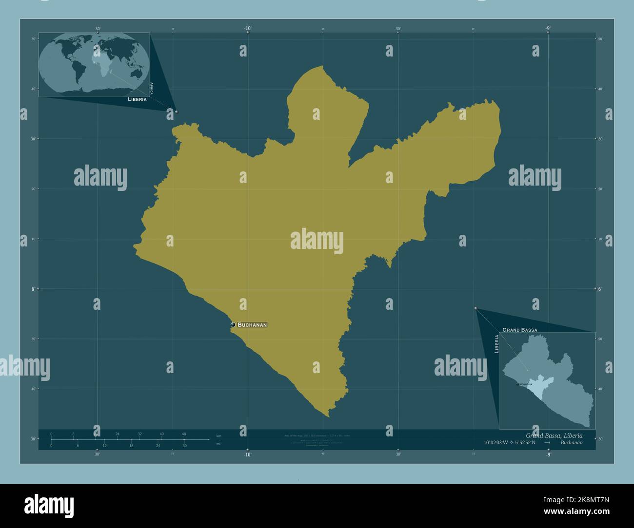 Grand Bassa, county of Liberia. Solid color shape. Locations and names ...