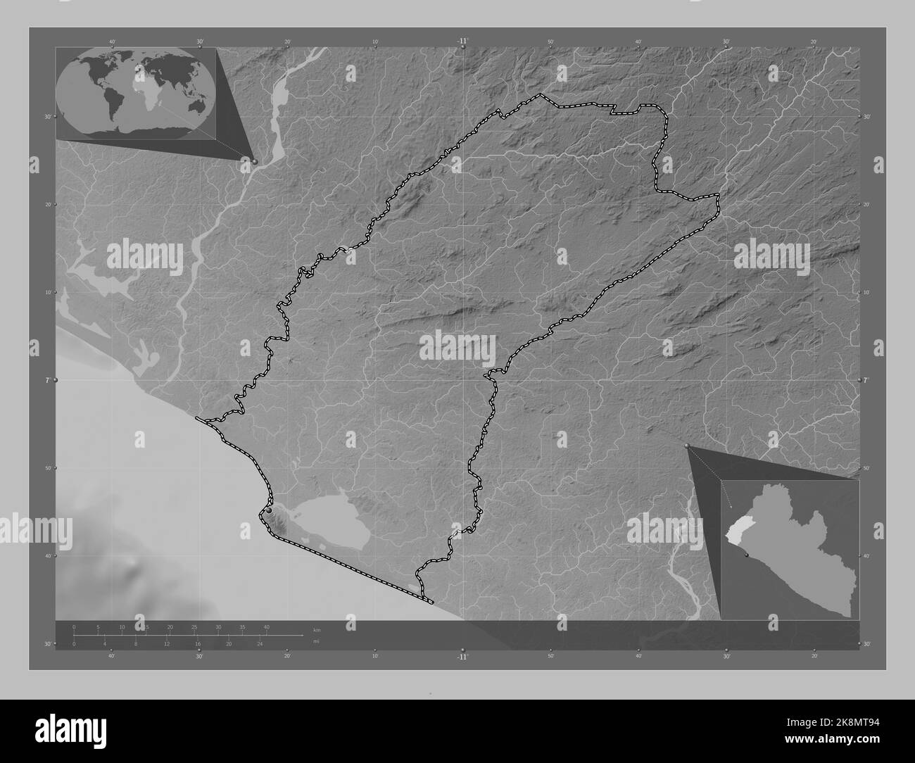 Grand Cape Mount, county of Liberia. Grayscale elevation map with lakes ...