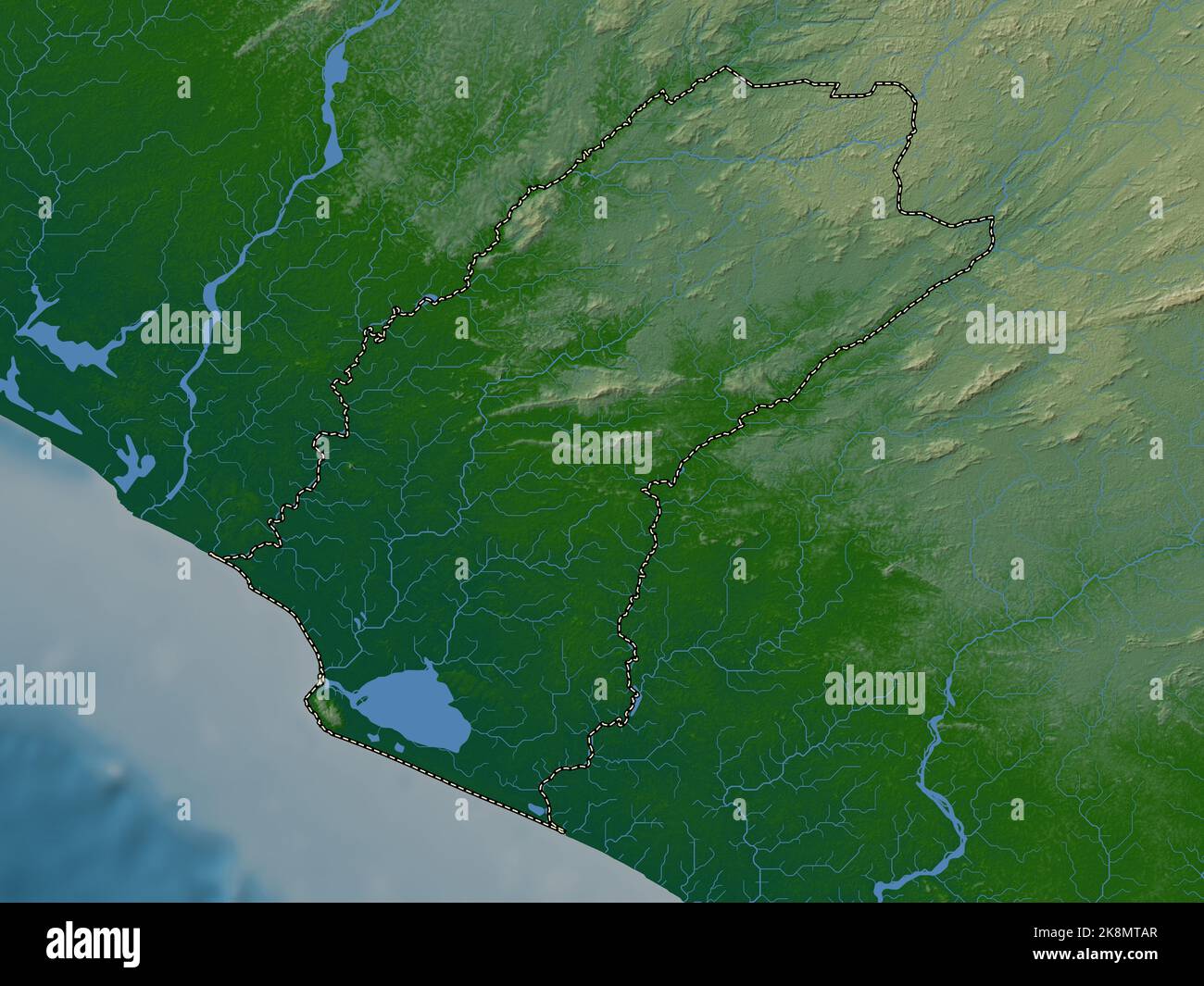 Grand Cape Mount, county of Liberia. Colored elevation map with lakes ...