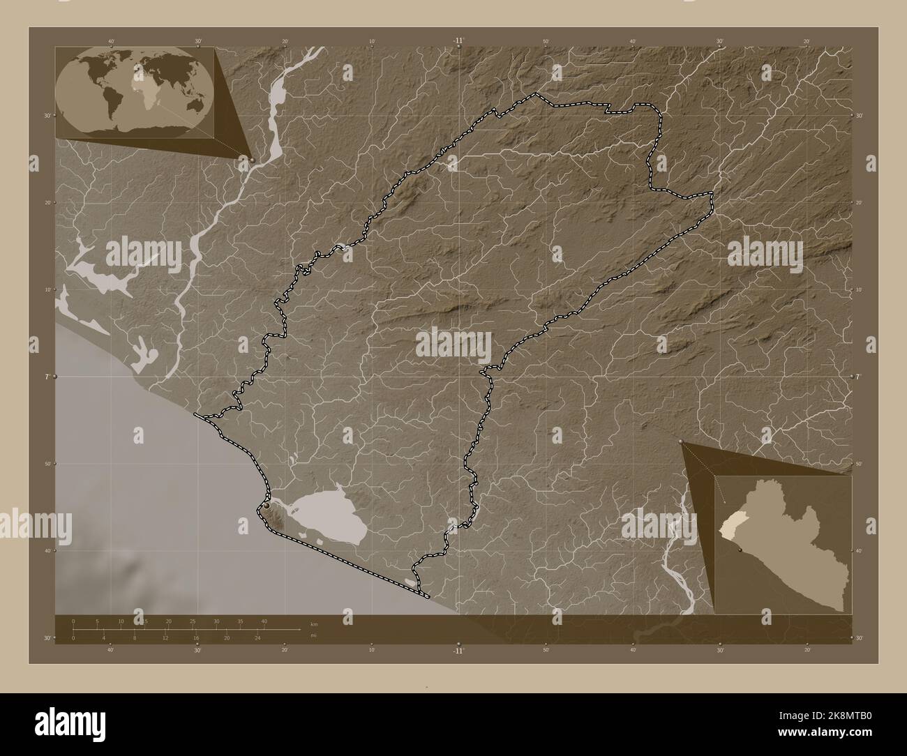 Grand Cape Mount, county of Liberia. Elevation map colored in sepia ...
