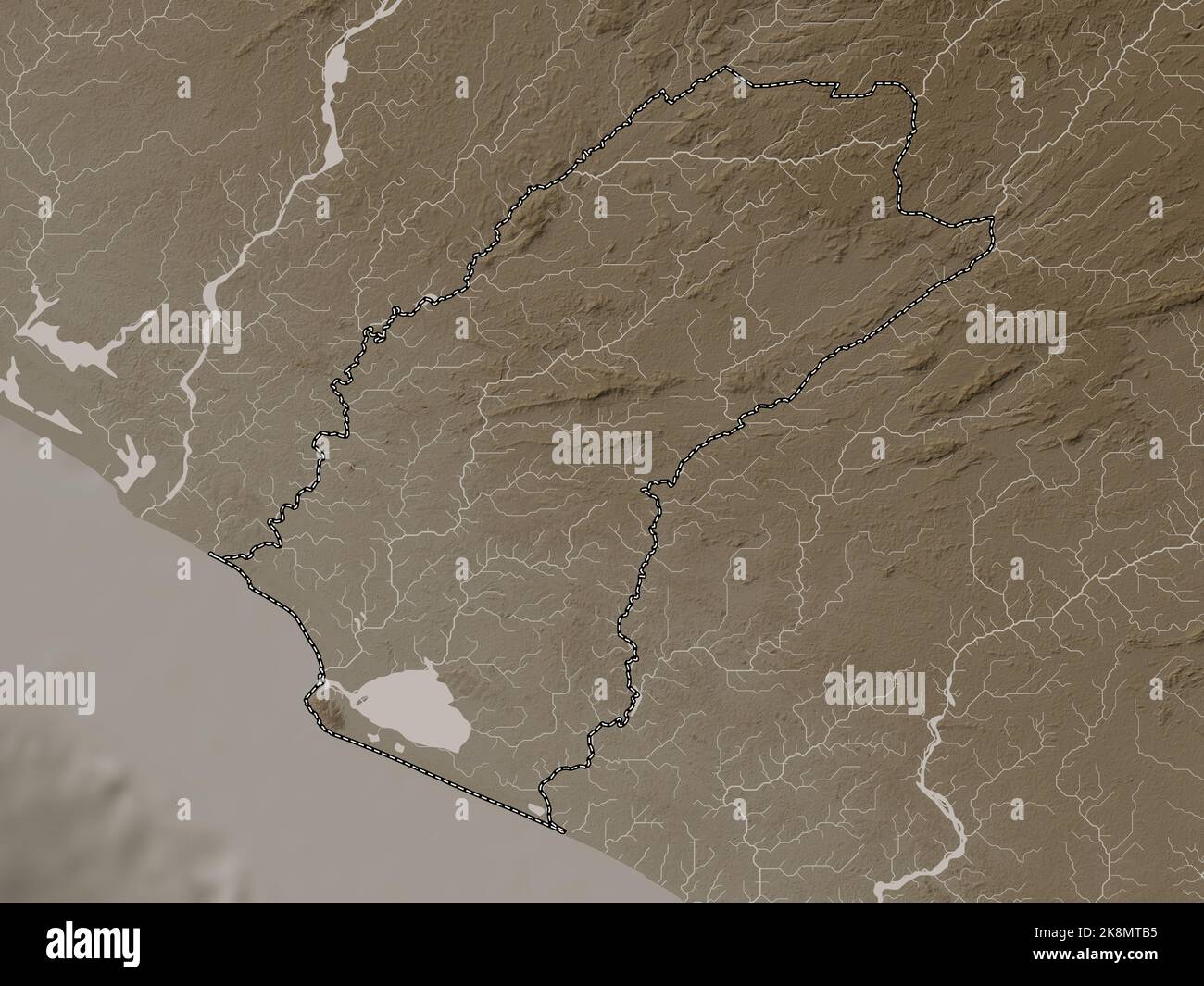 Grand Cape Mount, county of Liberia. Elevation map colored in sepia ...