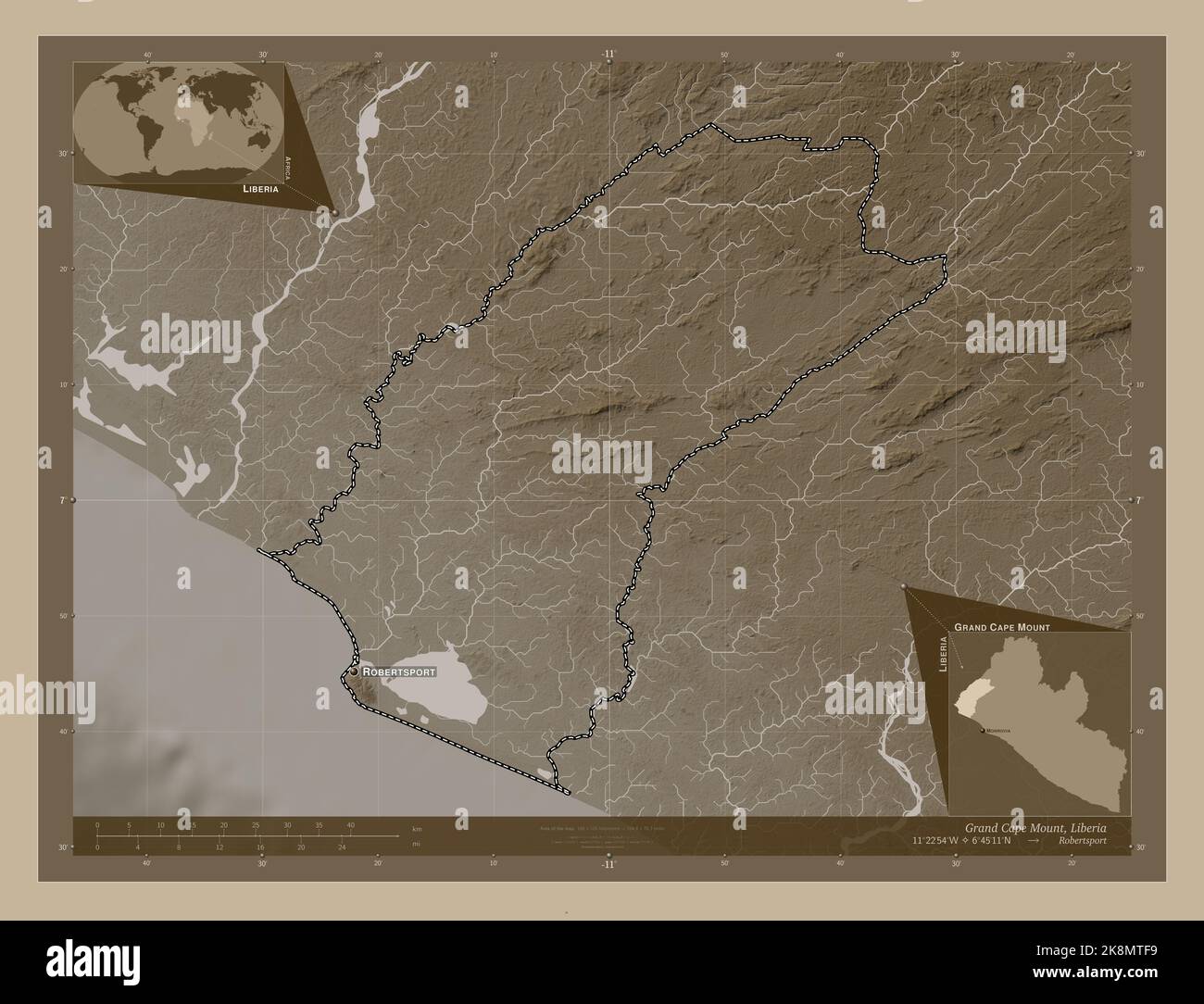 Grand Cape Mount, county of Liberia. Elevation map colored in sepia ...