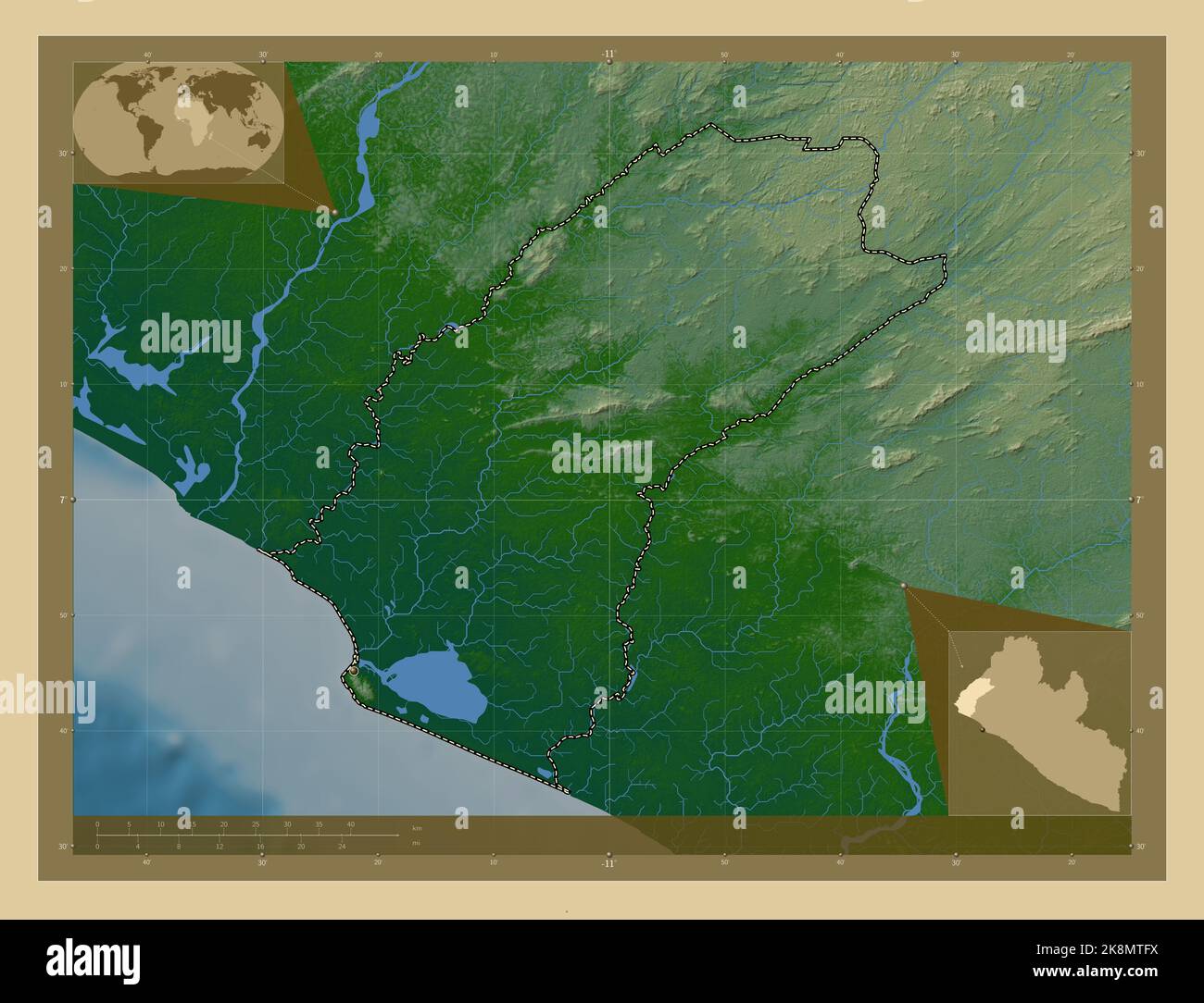 Grand Cape Mount, county of Liberia. Colored elevation map with lakes ...