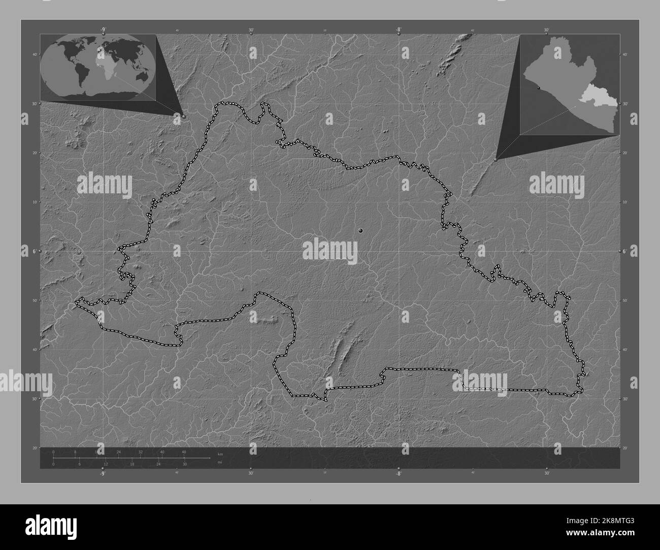 Grand Gedeh, county of Liberia. Bilevel elevation map with lakes and ...