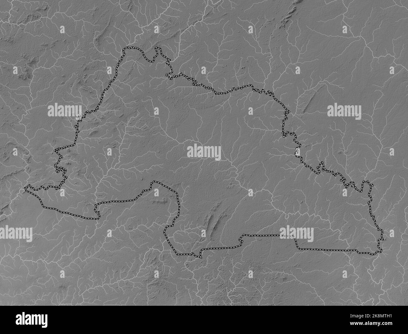 Grand Gedeh, county of Liberia. Grayscale elevation map with lakes and ...