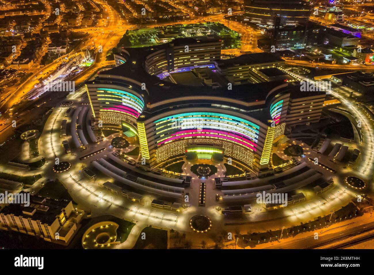 An aerial view of illuminated Shiekh Jaber Hospital in Al Zahra at ...