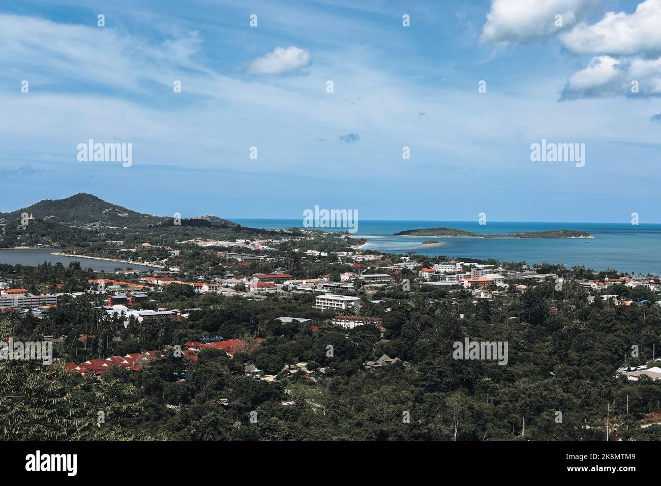 Amazing view of the Samui island with blue sky, sea, tropical land and ...