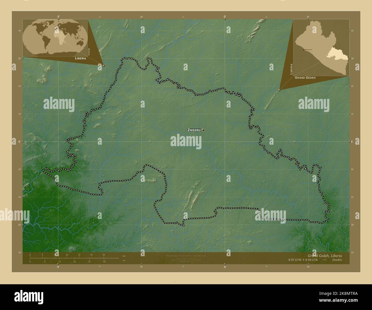Grand Gedeh, county of Liberia. Colored elevation map with lakes and ...