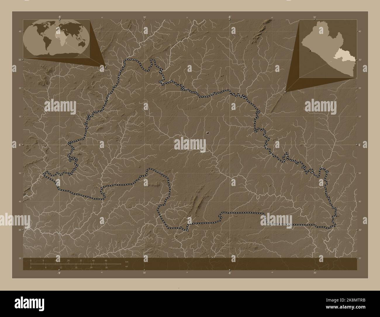 Grand Gedeh, county of Liberia. Elevation map colored in sepia tones ...