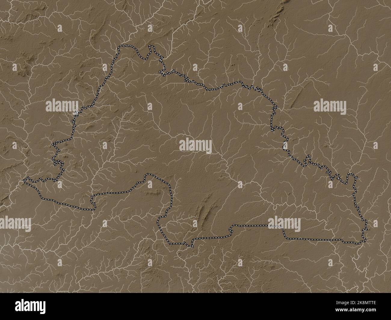 Grand Gedeh, county of Liberia. Elevation map colored in sepia tones ...