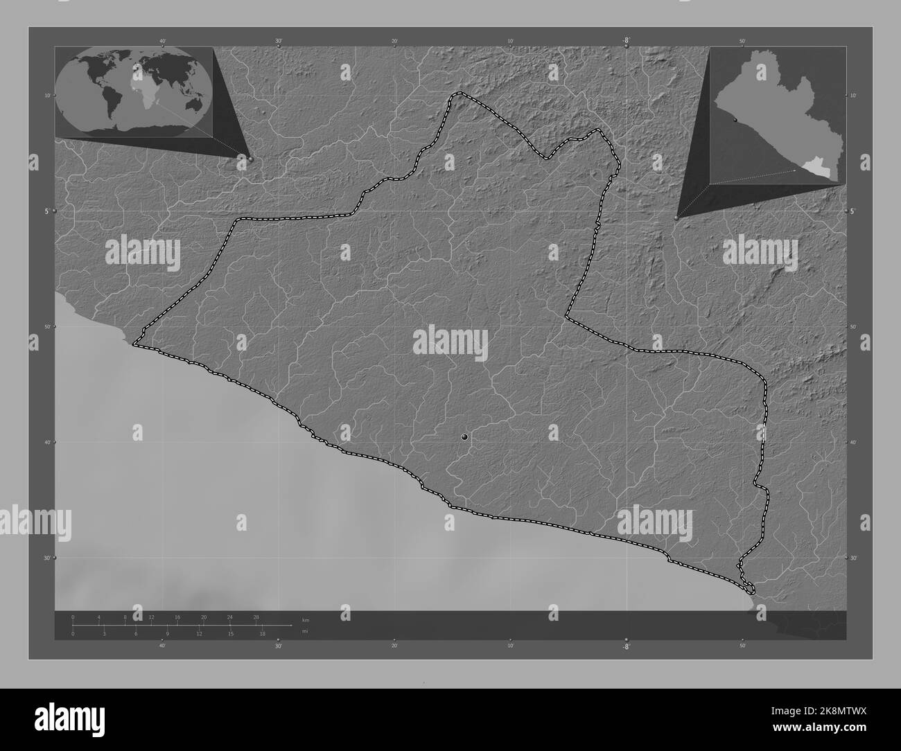 Grand Kru, county of Liberia. Bilevel elevation map with lakes and ...