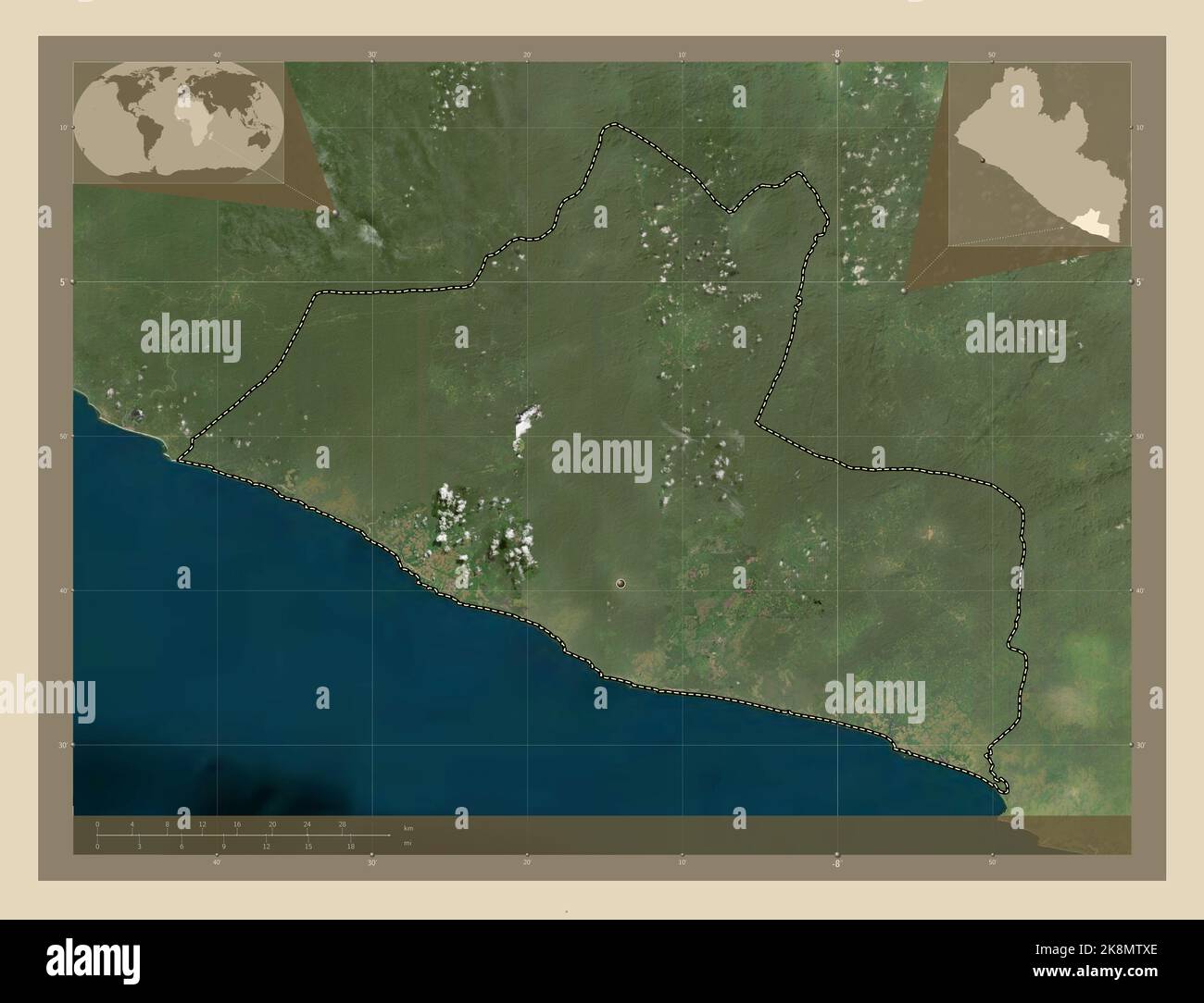 Grand Kru, county of Liberia. High resolution satellite map. Locations ...