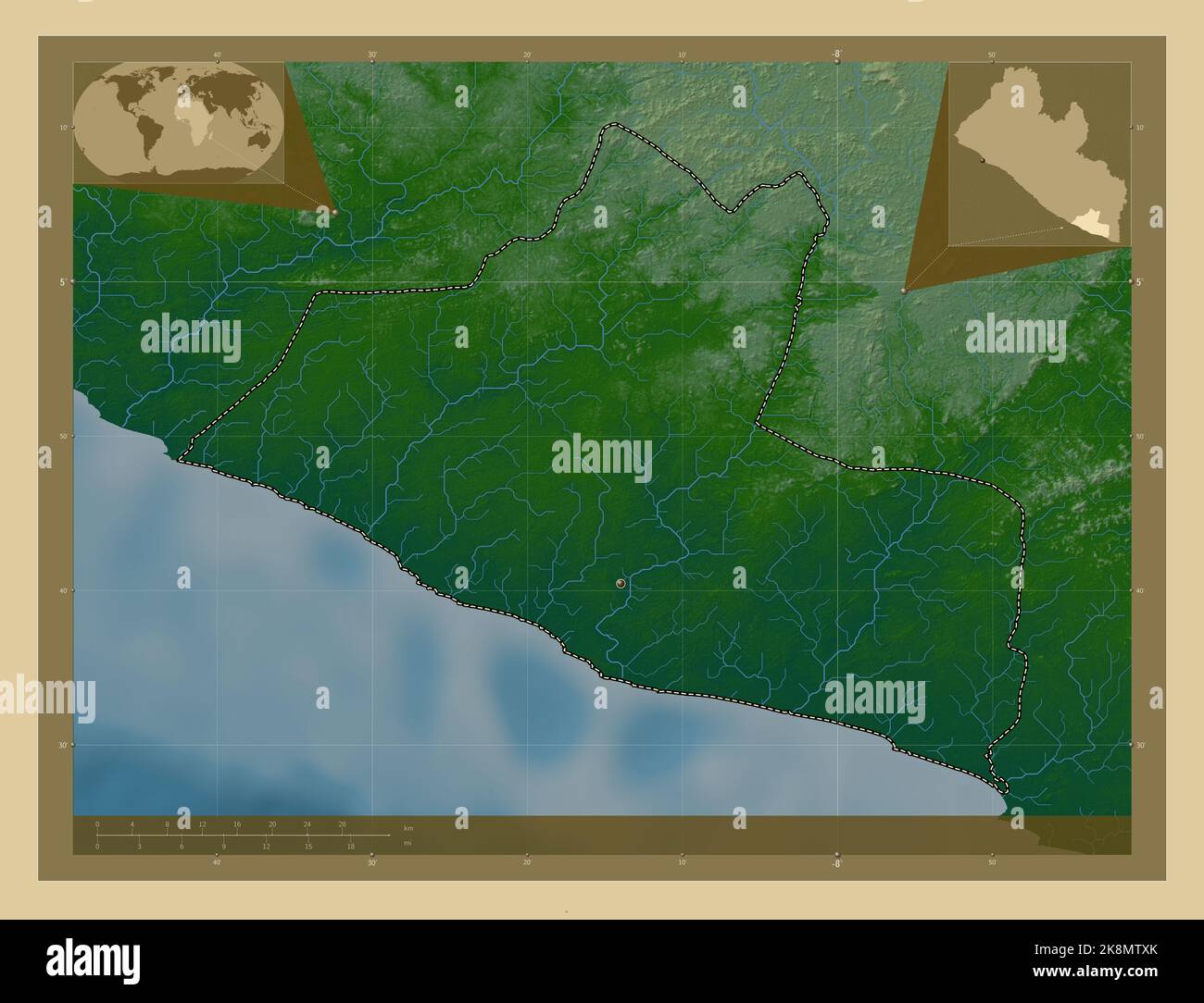 Grand Kru, county of Liberia. Colored elevation map with lakes and ...