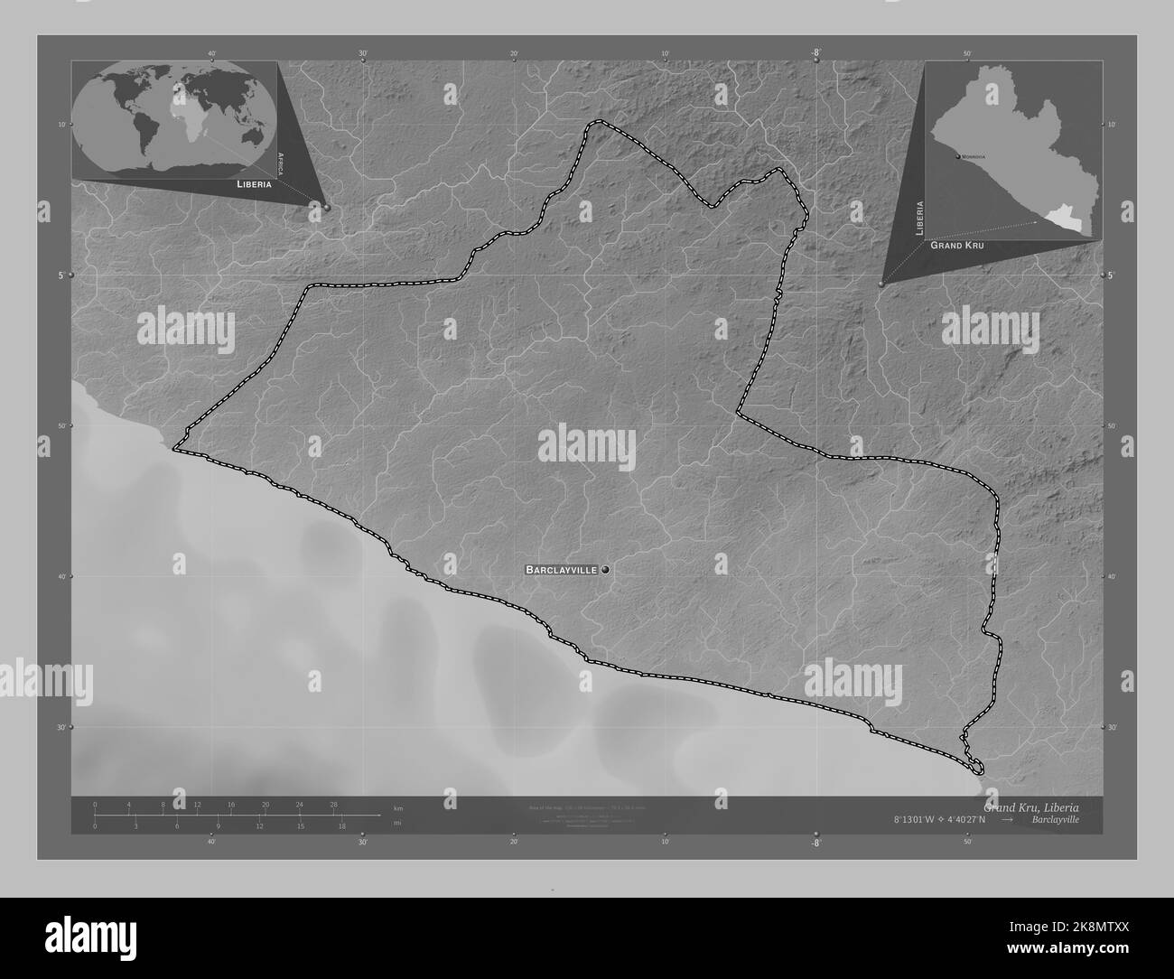 Grand Kru, county of Liberia. Grayscale elevation map with lakes and ...