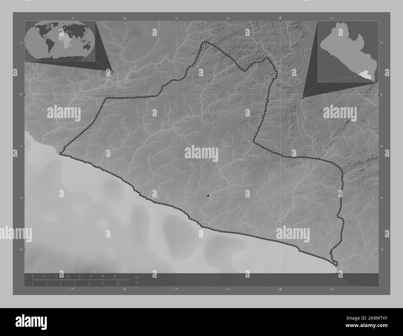 Grand Kru, county of Liberia. Grayscale elevation map with lakes and ...