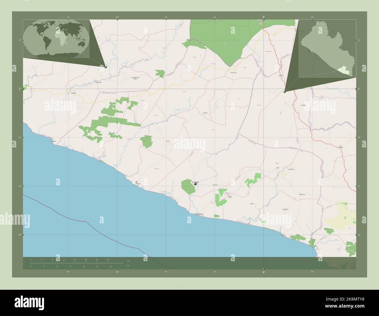Grand Kru, county of Liberia. Open Street Map. Corner auxiliary ...