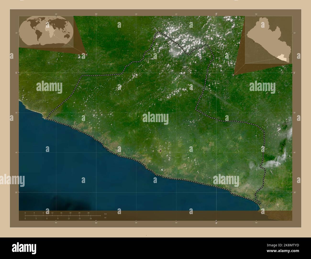 Grand Kru, county of Liberia. Low resolution satellite map. Corner ...