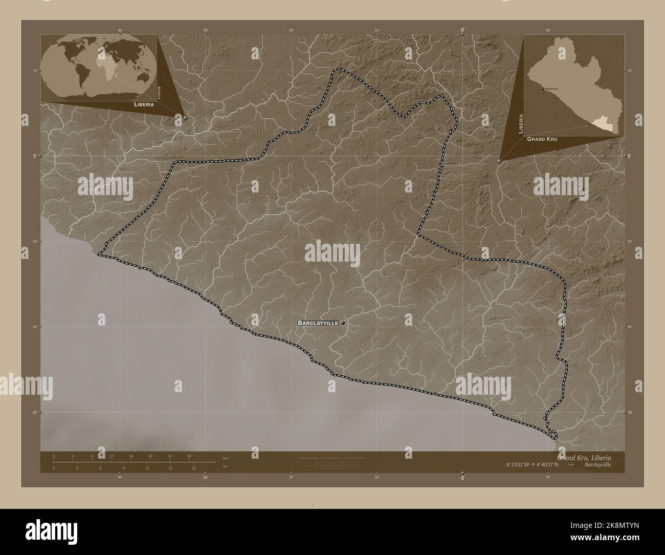 Grand Kru, county of Liberia. Elevation map colored in sepia tones with ...