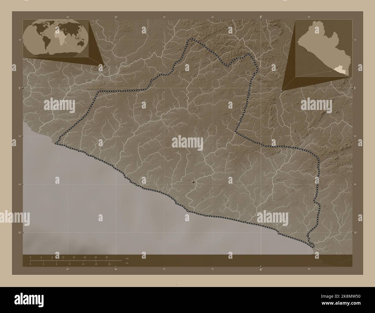 Grand Kru, county of Liberia. Elevation map colored in sepia tones with ...