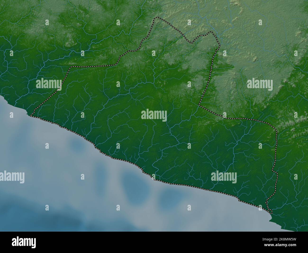 Grand Kru, county of Liberia. Colored elevation map with lakes and ...