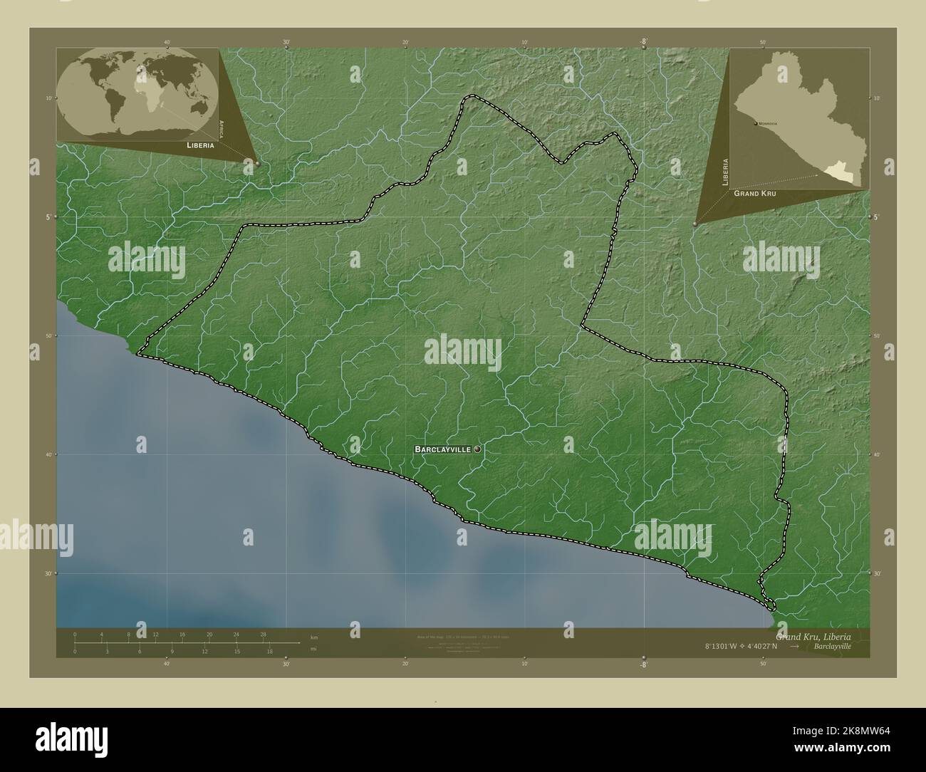 Grand Kru, county of Liberia. Elevation map colored in wiki style with ...