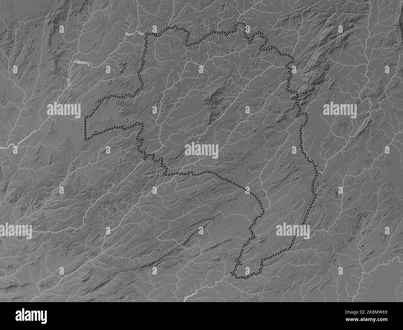 Lofa, county of Liberia. Grayscale elevation map with lakes and rivers ...