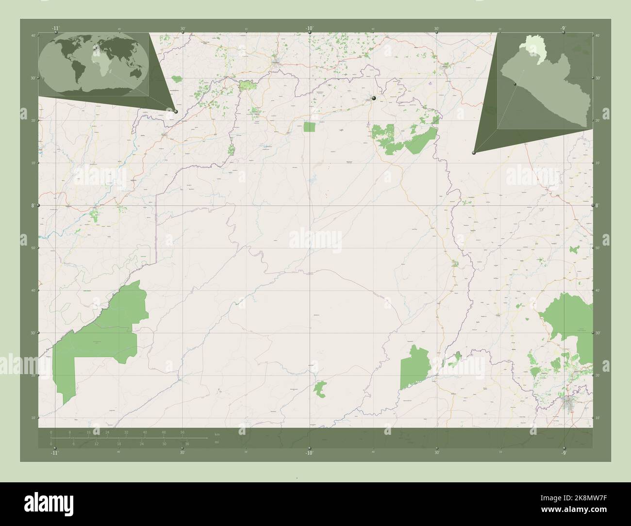 Lofa, county of Liberia. Open Street Map. Locations of major cities of ...