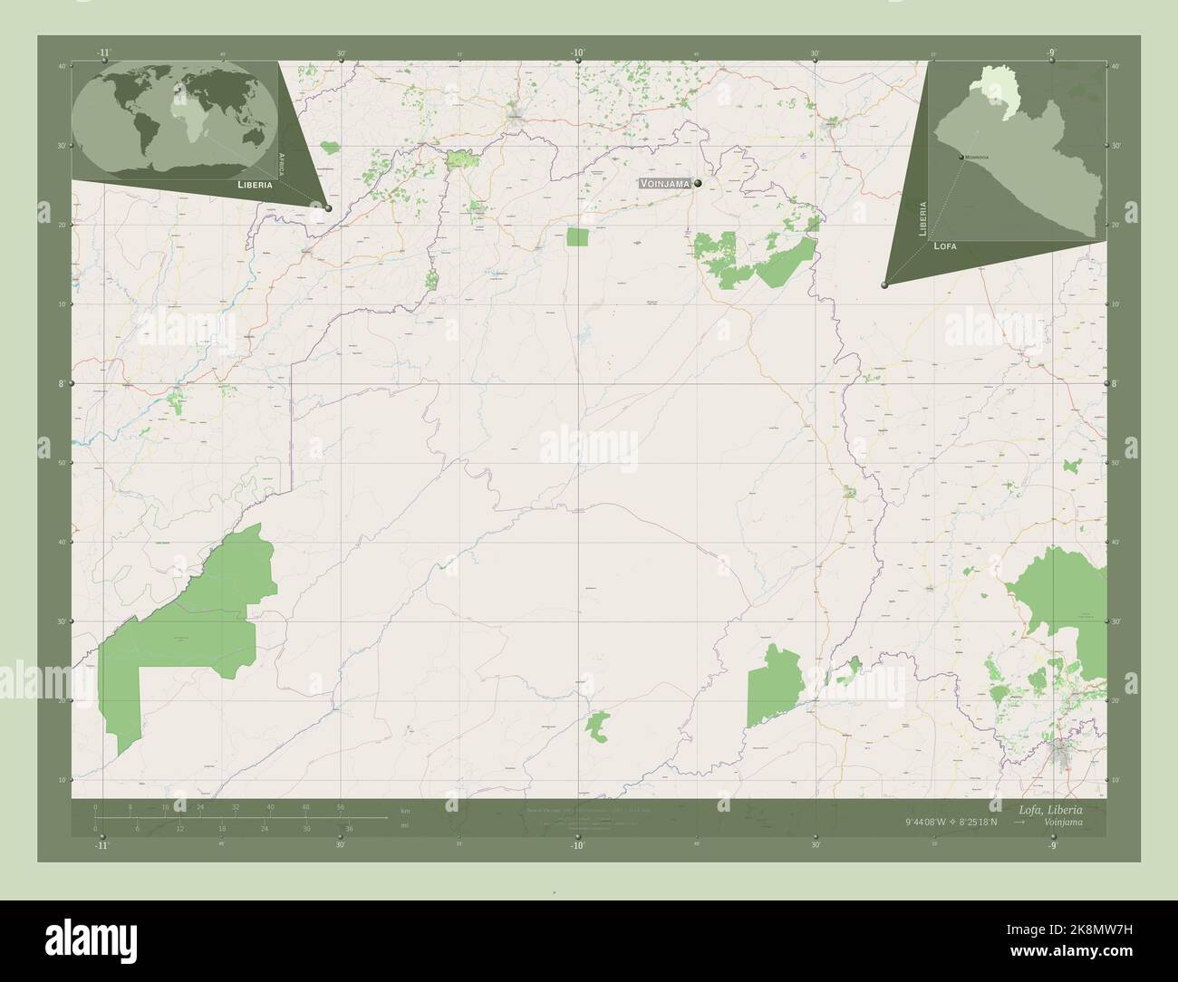 Lofa, county of Liberia. Open Street Map. Locations and names of major ...