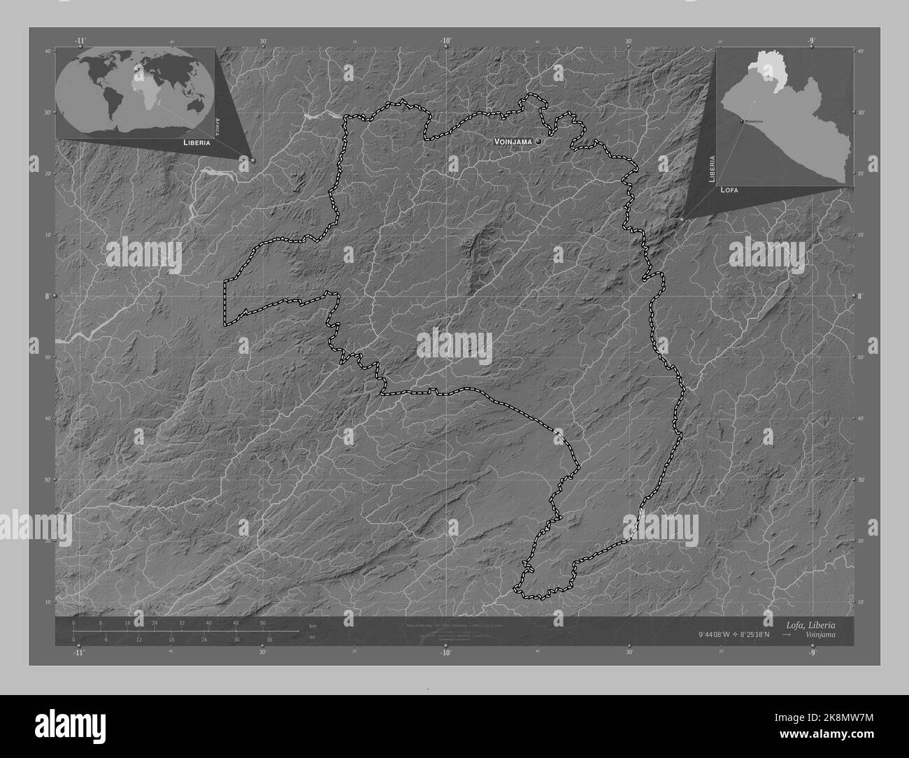 Lofa, county of Liberia. Grayscale elevation map with lakes and rivers ...