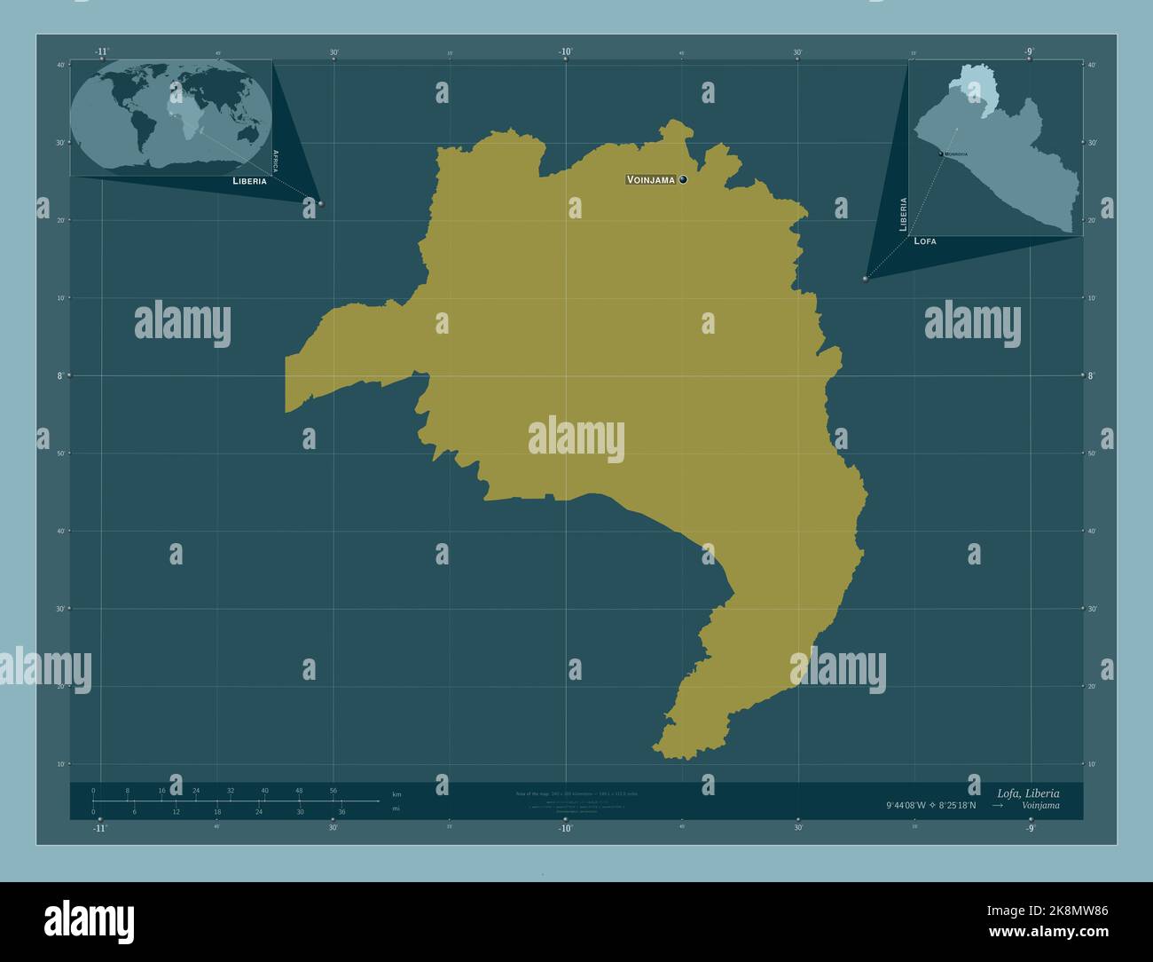 Lofa, county of Liberia. Solid color shape. Locations and names of ...
