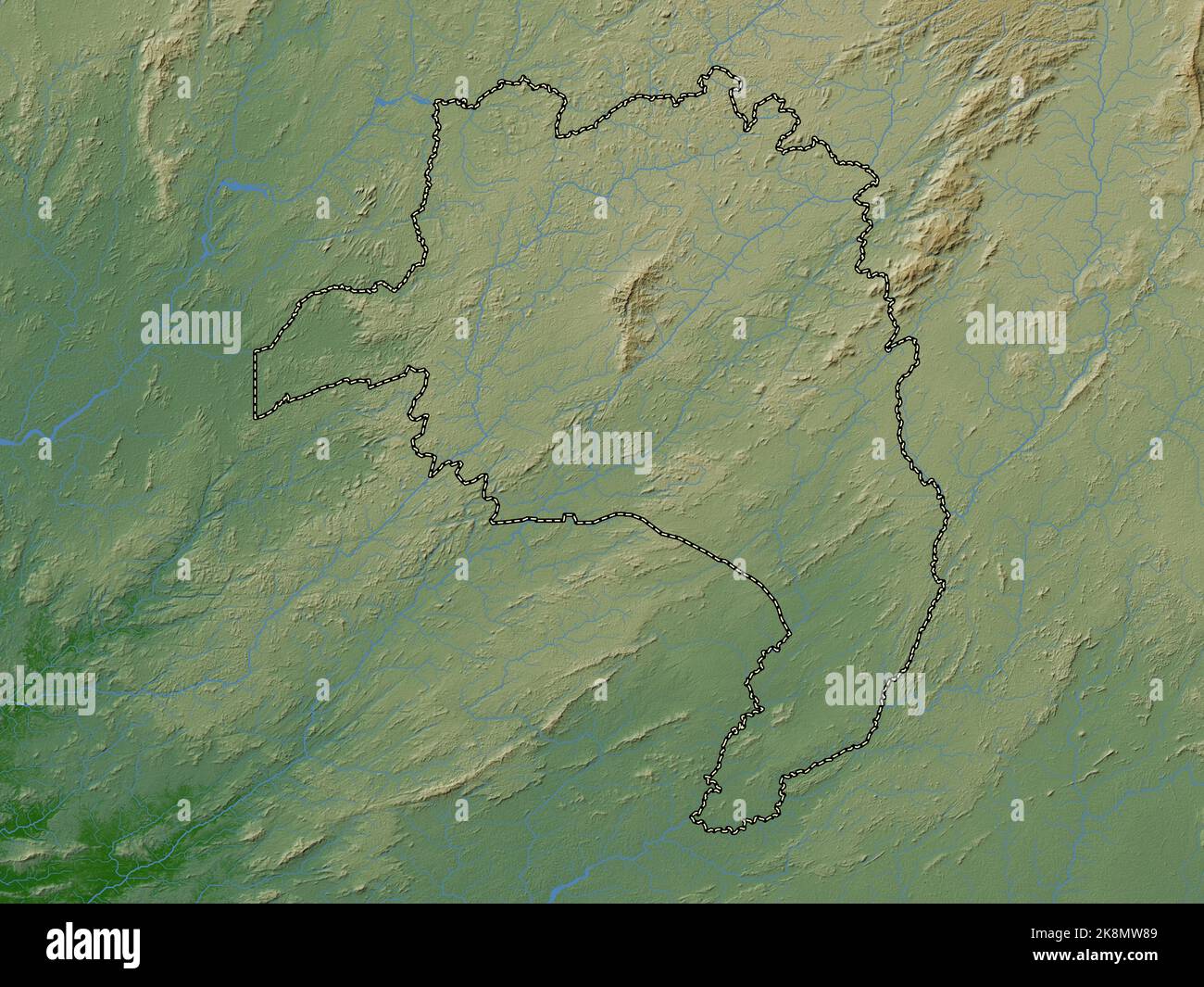 Lofa, county of Liberia. Colored elevation map with lakes and rivers ...