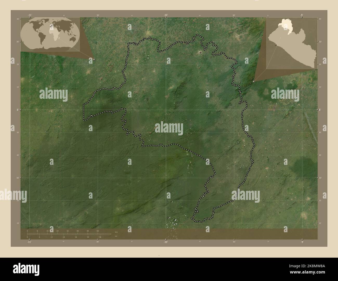 Lofa, county of Liberia. High resolution satellite map. Corner ...