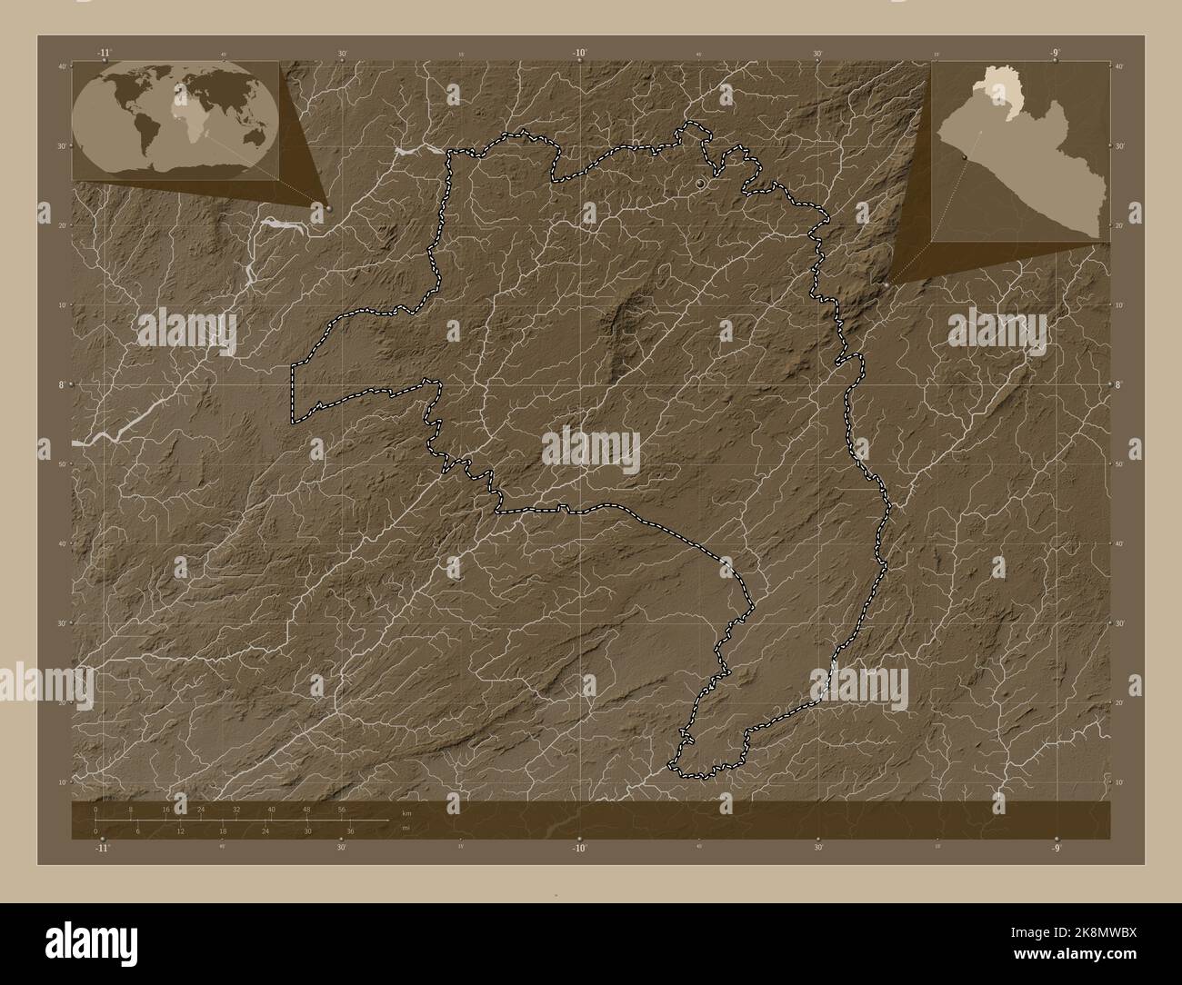 Lofa, county of Liberia. Elevation map colored in sepia tones with ...