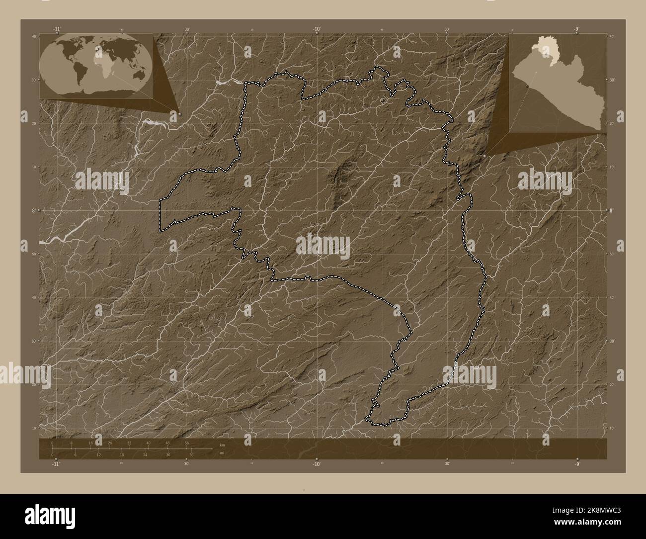 Lofa, county of Liberia. Elevation map colored in sepia tones with ...