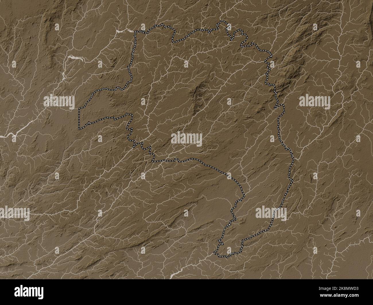 Lofa, county of Liberia. Elevation map colored in sepia tones with ...