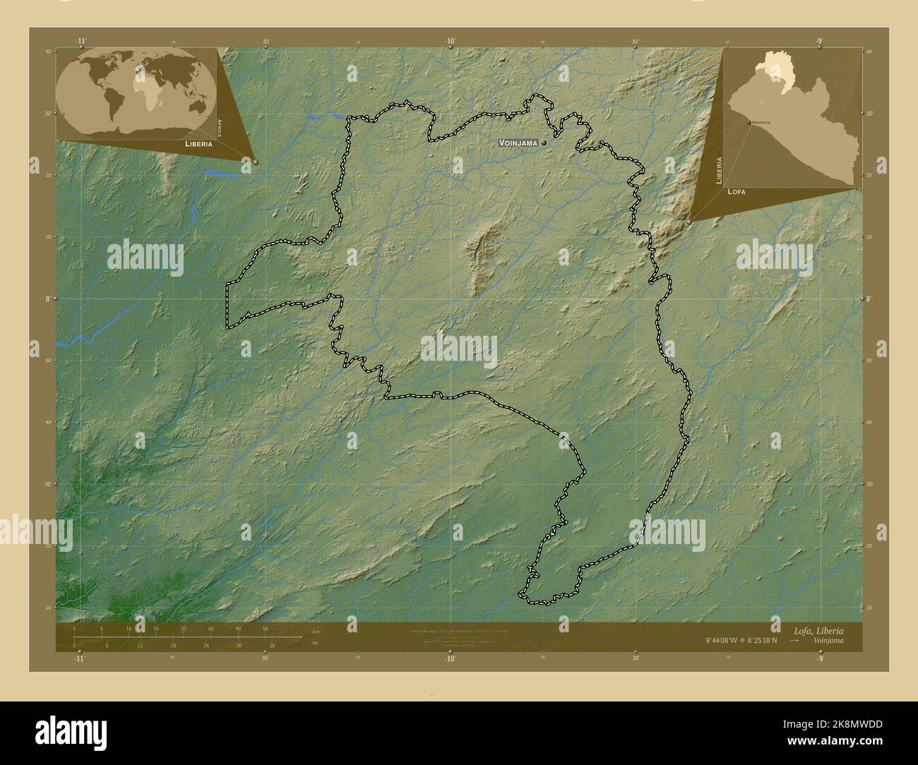 Lofa, county of Liberia. Colored elevation map with lakes and rivers ...