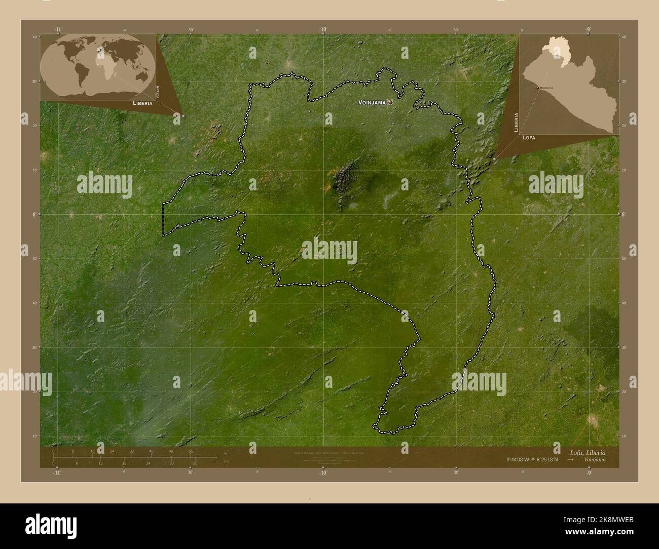 Lofa, county of Liberia. Low resolution satellite map. Locations and ...