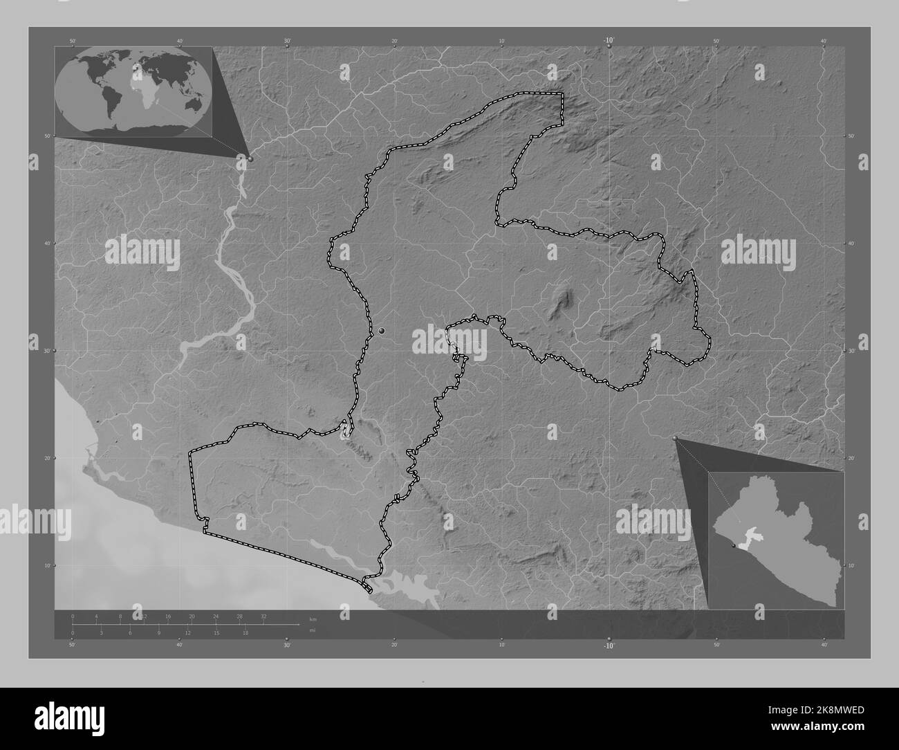 Margibi, county of Liberia. Grayscale elevation map with lakes and ...