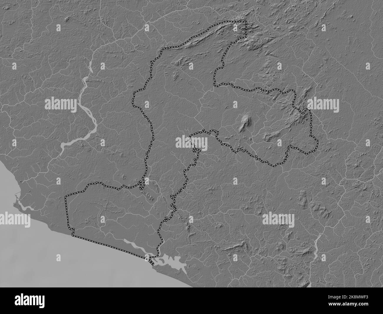 Margibi, county of Liberia. Bilevel elevation map with lakes and rivers ...
